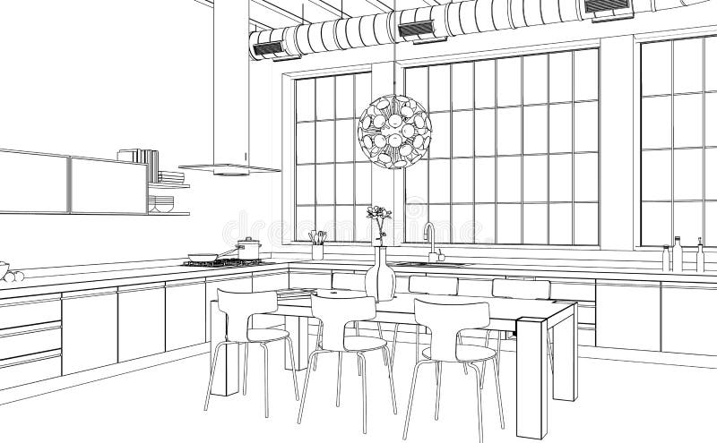 Interior Design Modern Kitchen Drawing Plan Stock Illustration ...