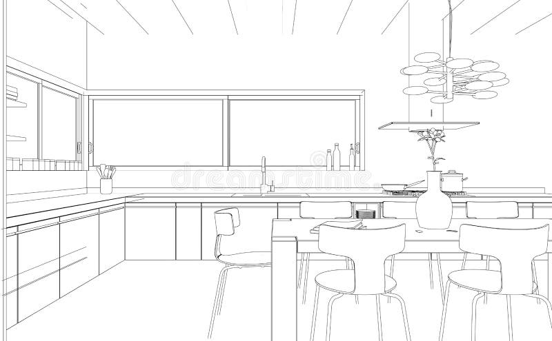 Interior Design Modern Kitchen Drawing Plan Stock Illustration ...