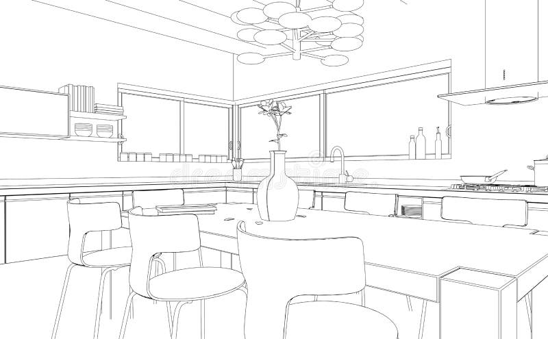 Interior Design Modern Kitchen Drawing Plan Stock Illustration ...