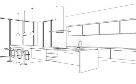 Interior Design Modern Kitchen Drawing Plan Stock Illustration ...
