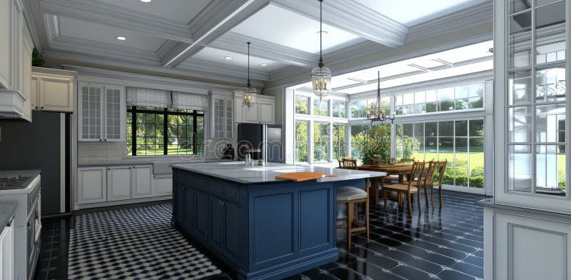 The Interior Design of a Modern Kitchen Includes an Open Terrace and a ...