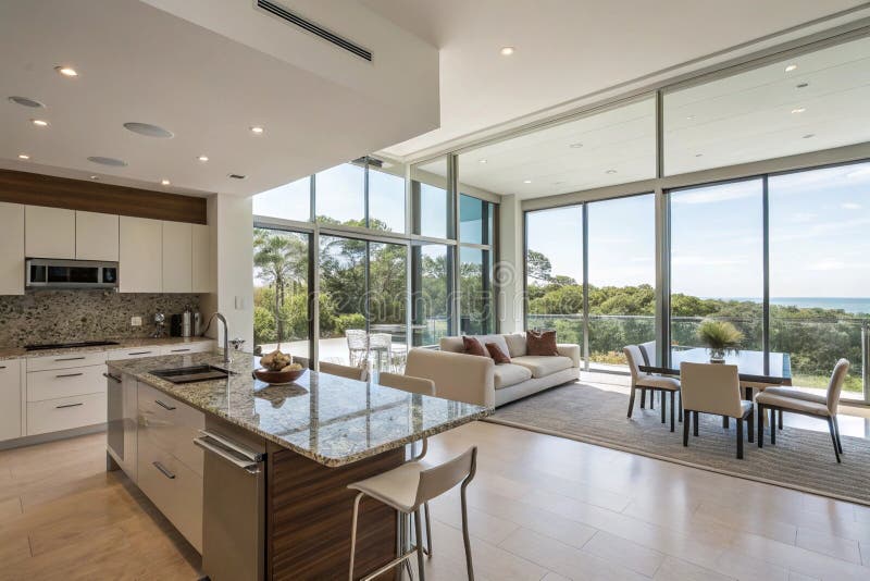 Modern Kitchen and Living Room with Large Windows Stock Illustration ...