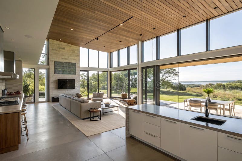 Modern Kitchen and Living Room with Large Windows Stock Illustration ...