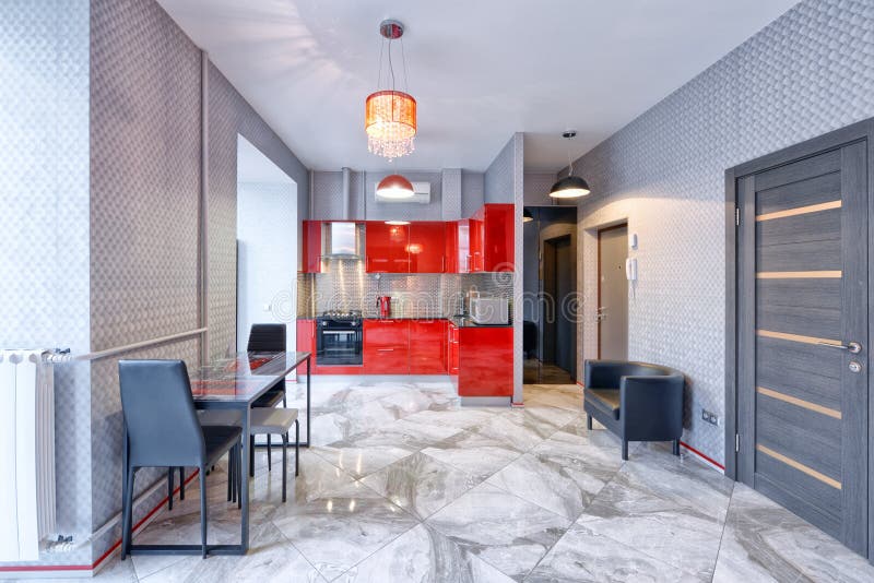 Kitchen Interior in Red Color Modern House. Stock Image - Image of flat ...