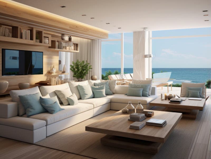 Interior Design of Modern Living Room in Beach House Stock Illustration ...