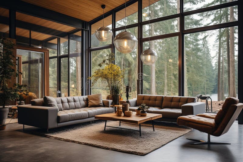 Interior Design of Modern Living Room in House in Forest. Generative AI ...