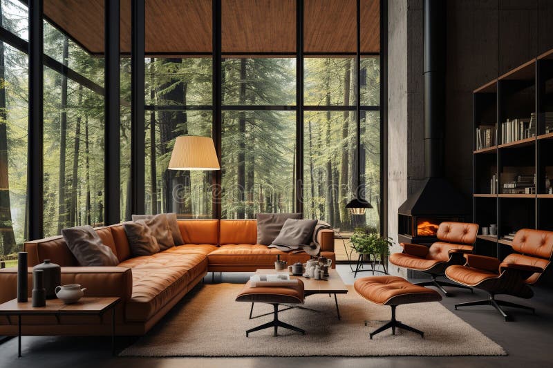 Interior Design of Modern Living Room in House in Forest. Generative AI ...