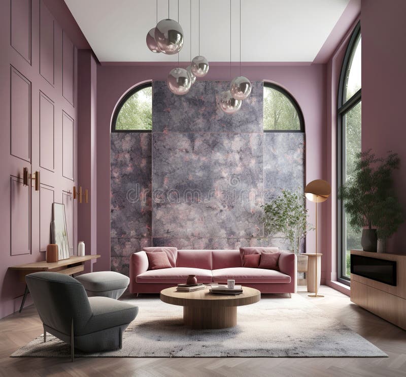 Interior Design of Modern Living Room with Pink Sofa. Created with Generative AI Stock ...