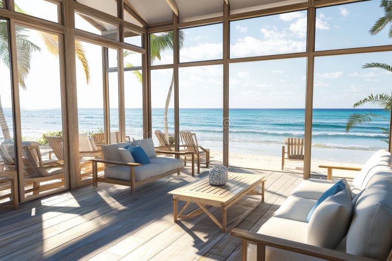 An Interior Design for a Modern Living Room in a Seaside House with ...