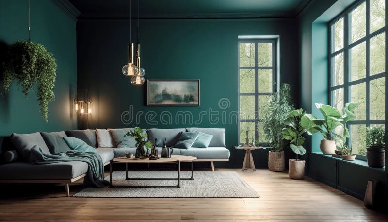 Interior Design of Modern Living Room. Sofa in Front of Deep Green Wall ...