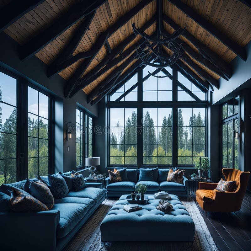 Interior Design of Modern Living Room with Timber Beams and Vaulted ...