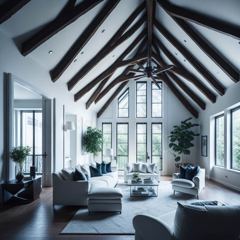Interior Design of Modern Living Room with Timber Beams and Vaulted ...