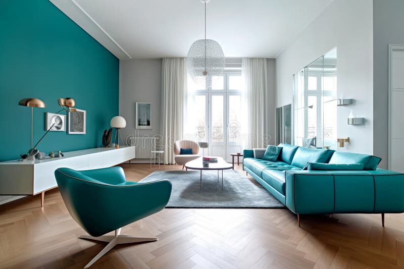 Interior Design of Modern Living Room with Turquoise Sofa and Chair ...