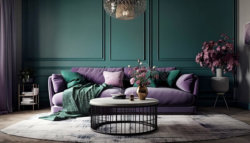 Interior Design of Modern Living Room with Violet Sofa. Created with ...