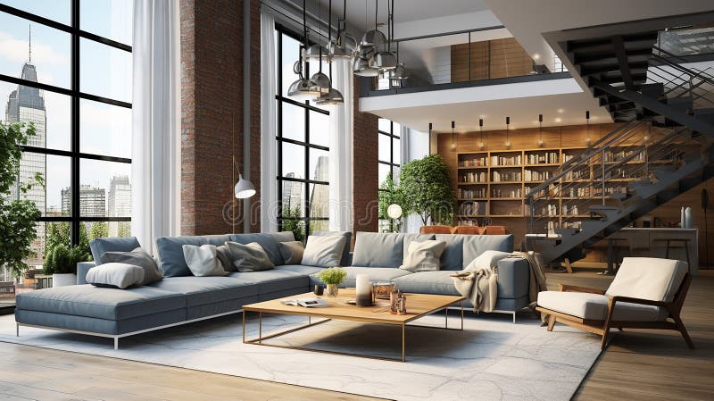 Interior Design of Modern Loft Apartment Living Room Stock Illustration ...