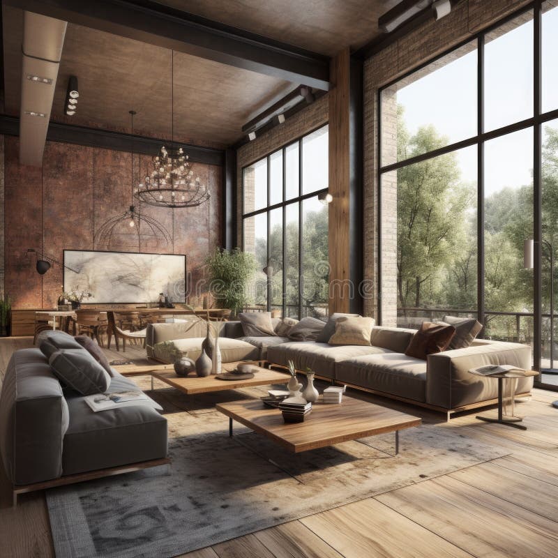 Interior Design of Modern Loft Apartment, Living Room 3d Rendering ...
