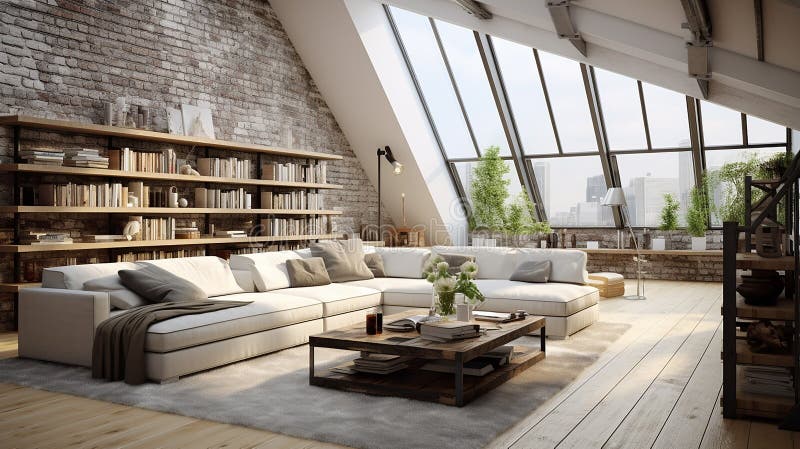 Interior Design of Modern Loft Apartment Living Room with White Sofa ...