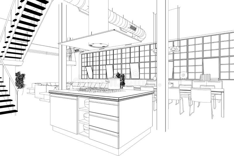 Interior Design Modern Loft Kitchen Custom Drawing Stock Illustration ...