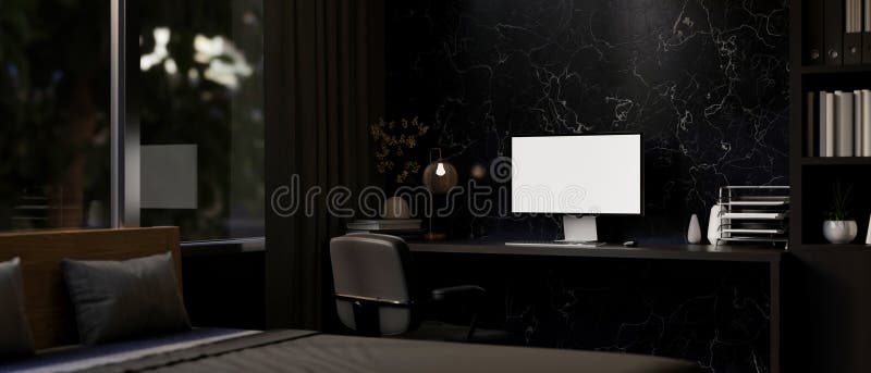 Interior Design of a Modern, Luxury Black Bedroom with a Computer Desk ...