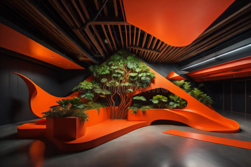 Interior Design of Modern Office with Orange Wall and Floor. Generative ...