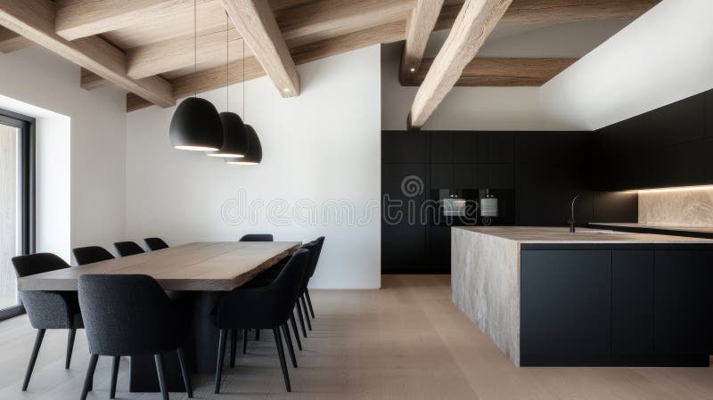 Interior Design, Modern Rustic Dining Room with Wooden Beams, Ambient ...