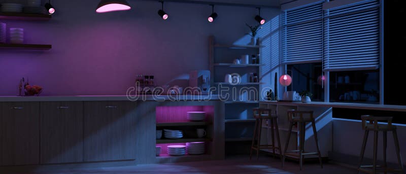 Interior Design of a Modern Spacious Dark Kitchen at Night with RGB ...