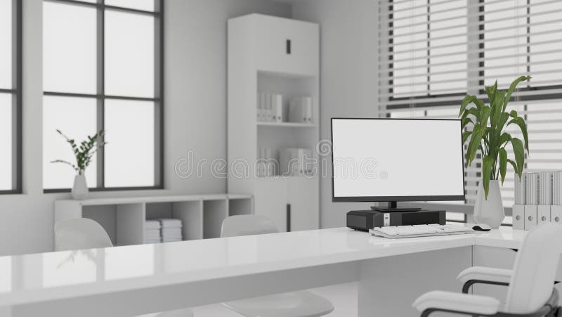 Interior Design of a Modern White Office with Computer Mockup on a ...