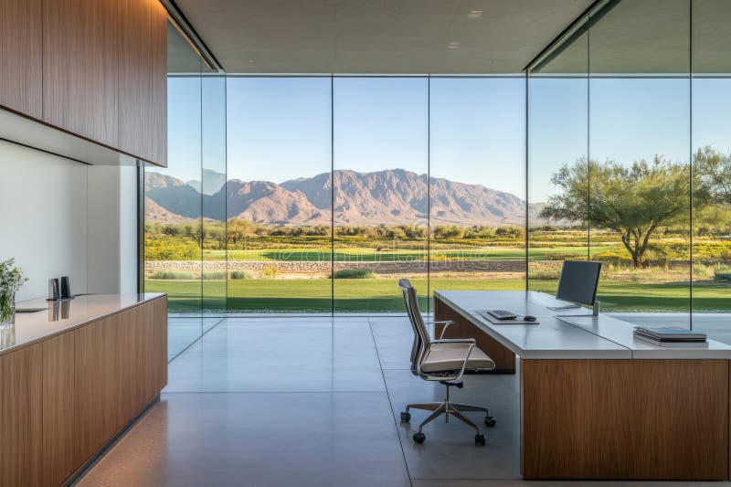 An Interior Design with a Modern Work Desk, a Laptop, and a Drawer with ...