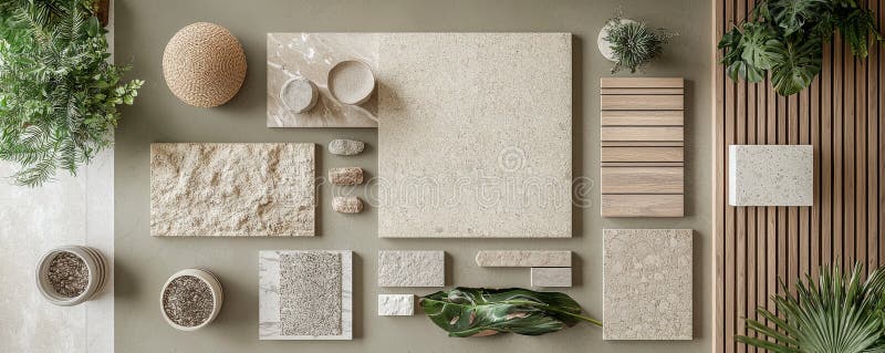 Interior Design Moodboard with Green, Grey, and Beige Tones Featuring ...