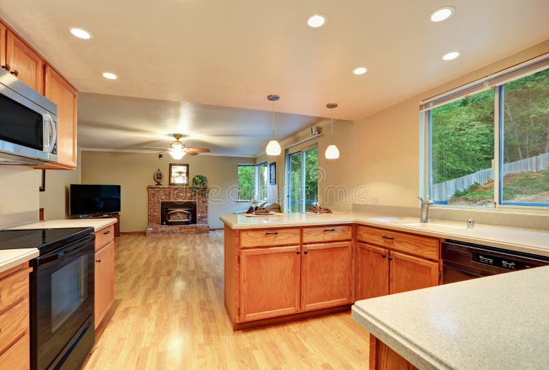 Design of Kitchen Room Interior with White Cabinets and Black Counter ...
