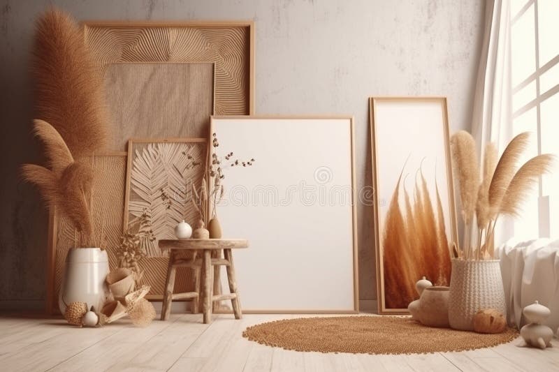 Interior Design Nomadic Boho Style with an Empty Frame Mockup ...