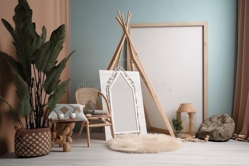 Interior Design Nomadic Boho Style with an Empty Frame Mockup ...