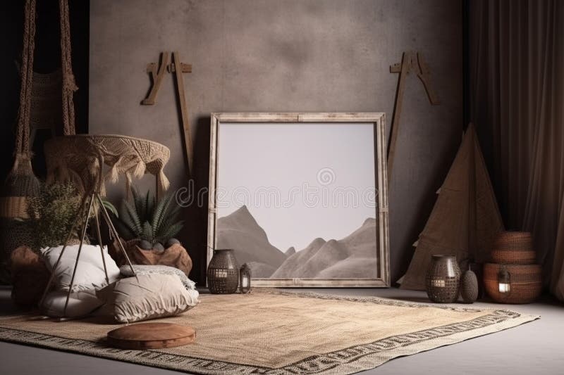Interior Design Nomadic Boho Style with an Empty Frame Mockup ...