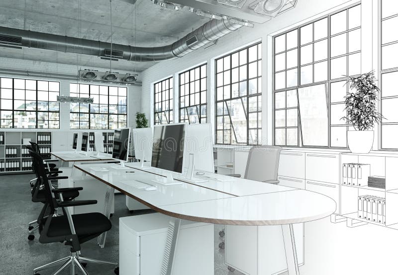 Interior Design Office Drawing Gradation into Photograph Stock Photo ...