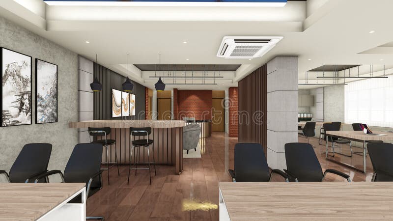 Interior Design of Office Space with False Ceiling and Wood Panels 3d Visualization Stock ...
