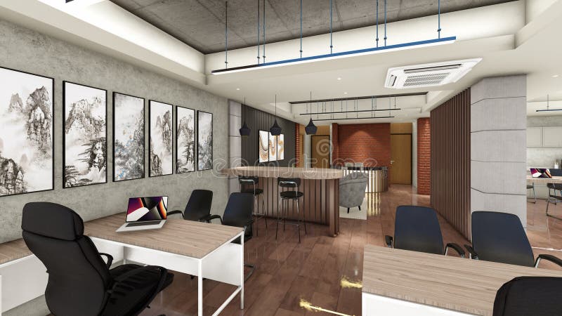 Interior Design of Office Space with False Ceiling and Wood Panels 3d Visualization Stock ...
