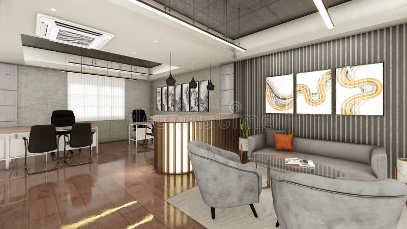 Interior Design of Office Space with False Ceiling and Wood Panels 3d Visualization Stock ...