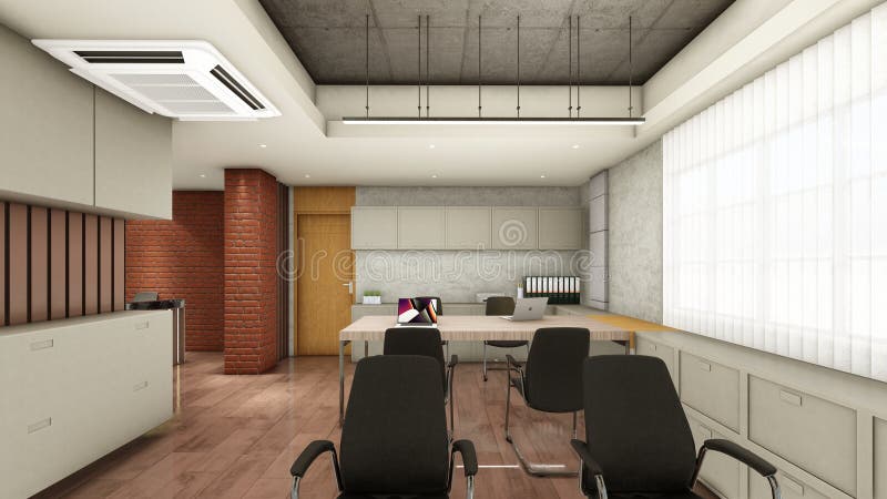 Interior Design of Office Space with False Ceiling and Wood Panels 3d Visualization Stock ...