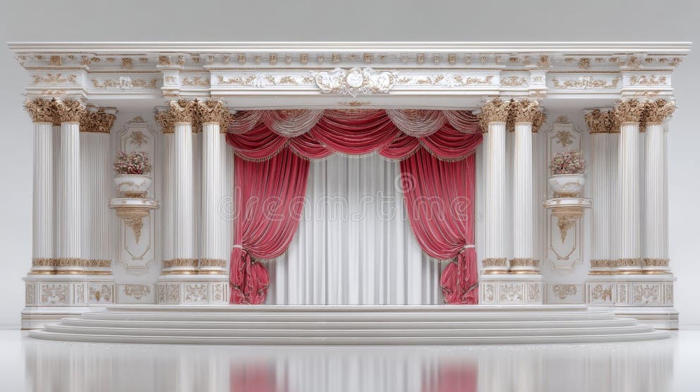 The Interior Design of the Palace Stage Features Red Curtains and Gold ...