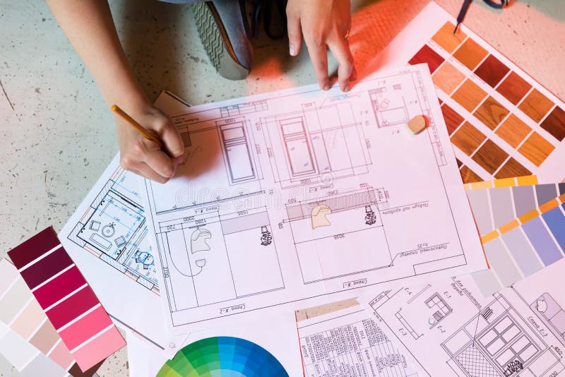 Interior Design Plan with Tools and Pallete Stock Image - Image of ...