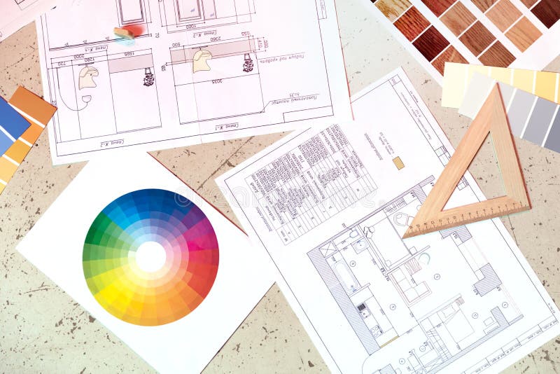 Interior Design Plan with Tools and Pallete Stock Image - Image of ...
