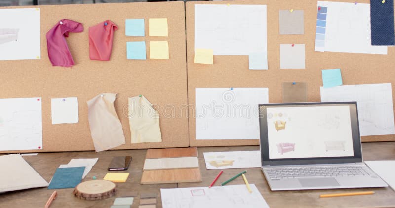 Interior Design Project, Laptop and Fabric Samples on Desk with Mood ...