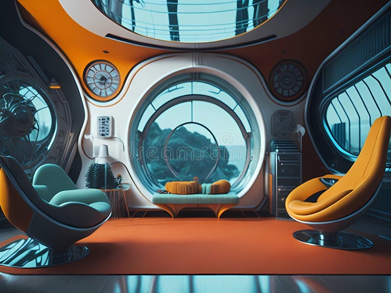Interior Design Retro Futuristic Stock Illustration - Illustration of ...