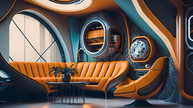 Interior Design Retro Futuristic Stock Illustration - Illustration of ...