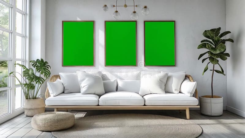 Interior Design Showcasing Three Green Screen Mock Up Frames on a White ...