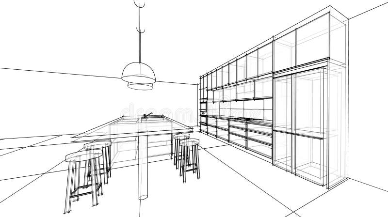 Interior Design Sketch : Modern Kitchen Side View Stock Illustration ...
