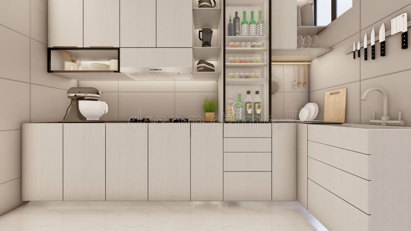 Interior Design of Small Compact Kitchen with False Ceiling 3d Visualization Stock Illustration ...