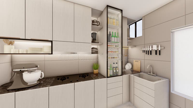 Interior Design of Small Compact Kitchen with False Ceiling 3d ...