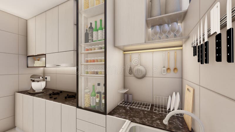 Interior Design of Small Compact Kitchen with False Ceiling 3d Visualization Stock Photo - Image ...