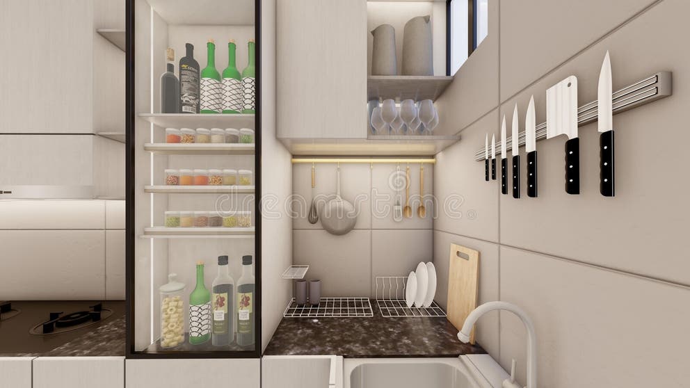 Interior Design of Small Compact Kitchen with False Ceiling 3d ...